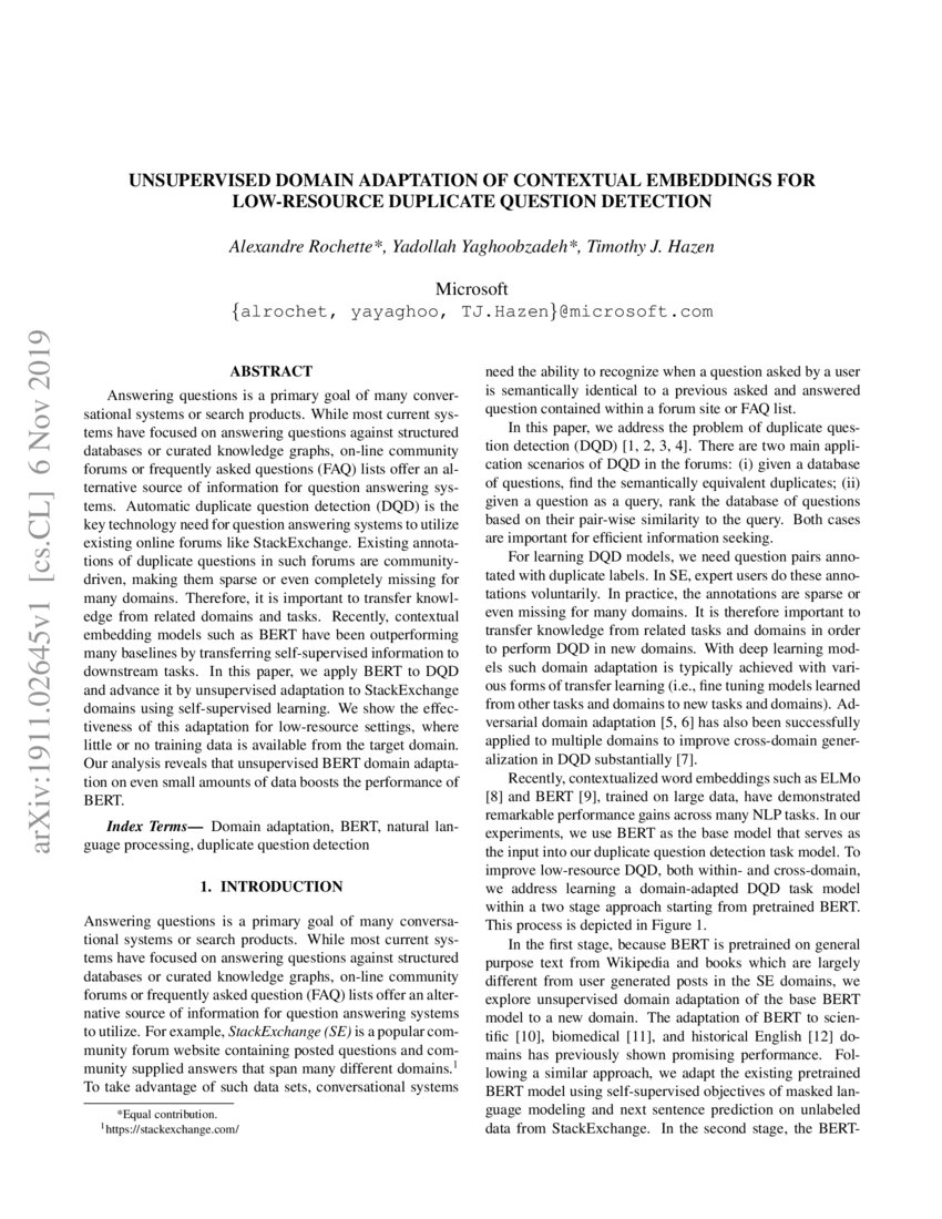 Unsupervised Domain Adaptation Of Contextual Embeddings For Low Resource Duplicate Question