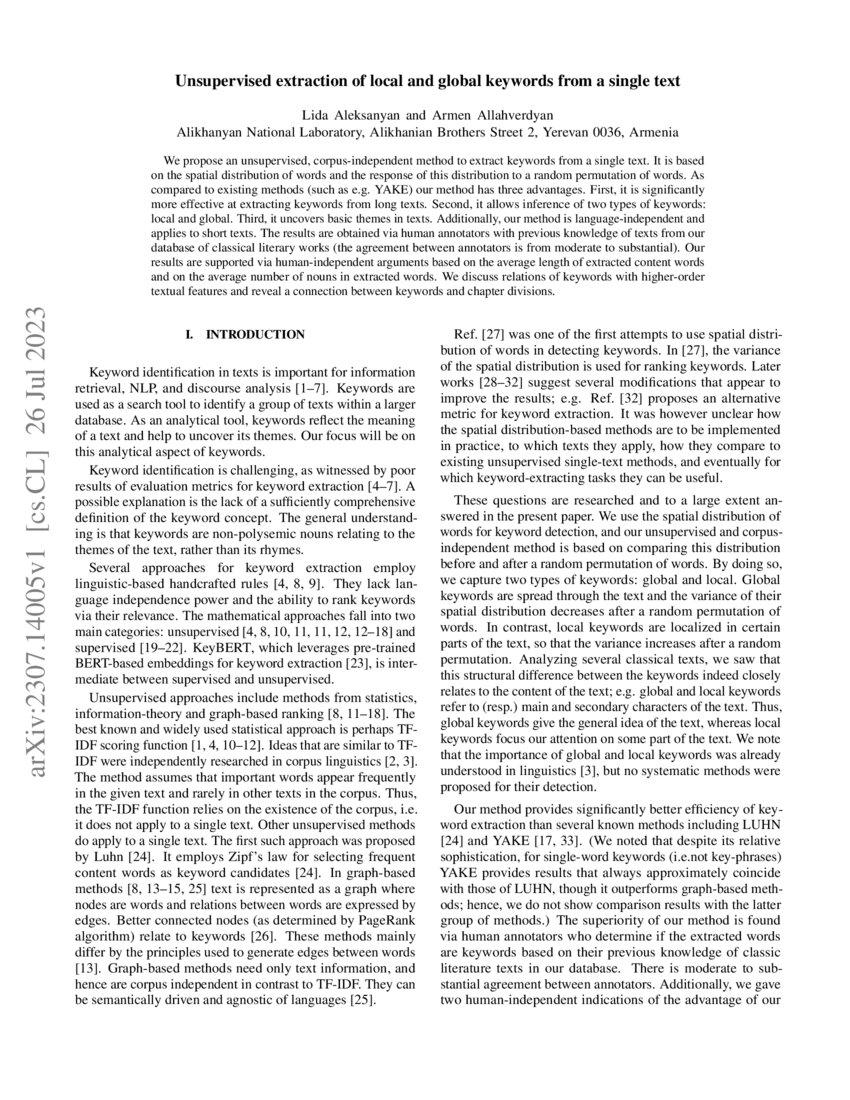 Unsupervised extraction of local and global keywords from a single text | DeepAI