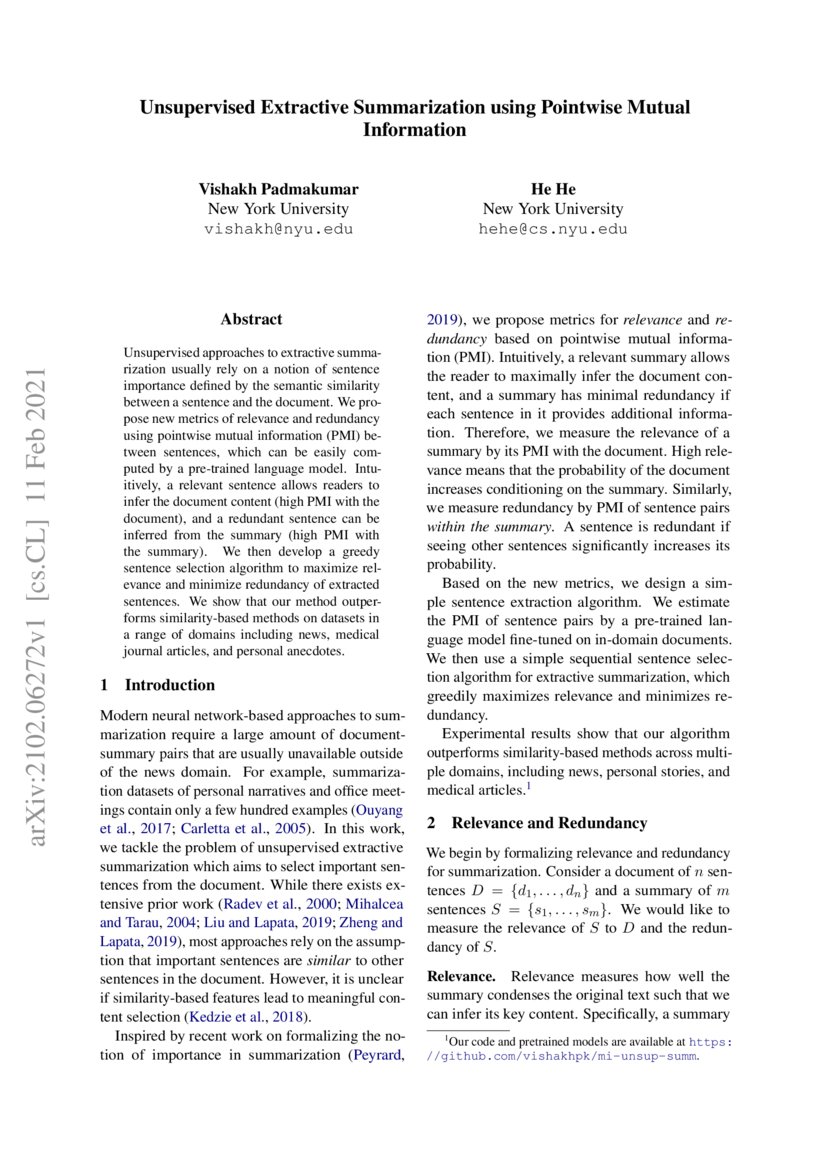 Unsupervised Extractive Summarization Using Pointwise Mutual Information Deepai