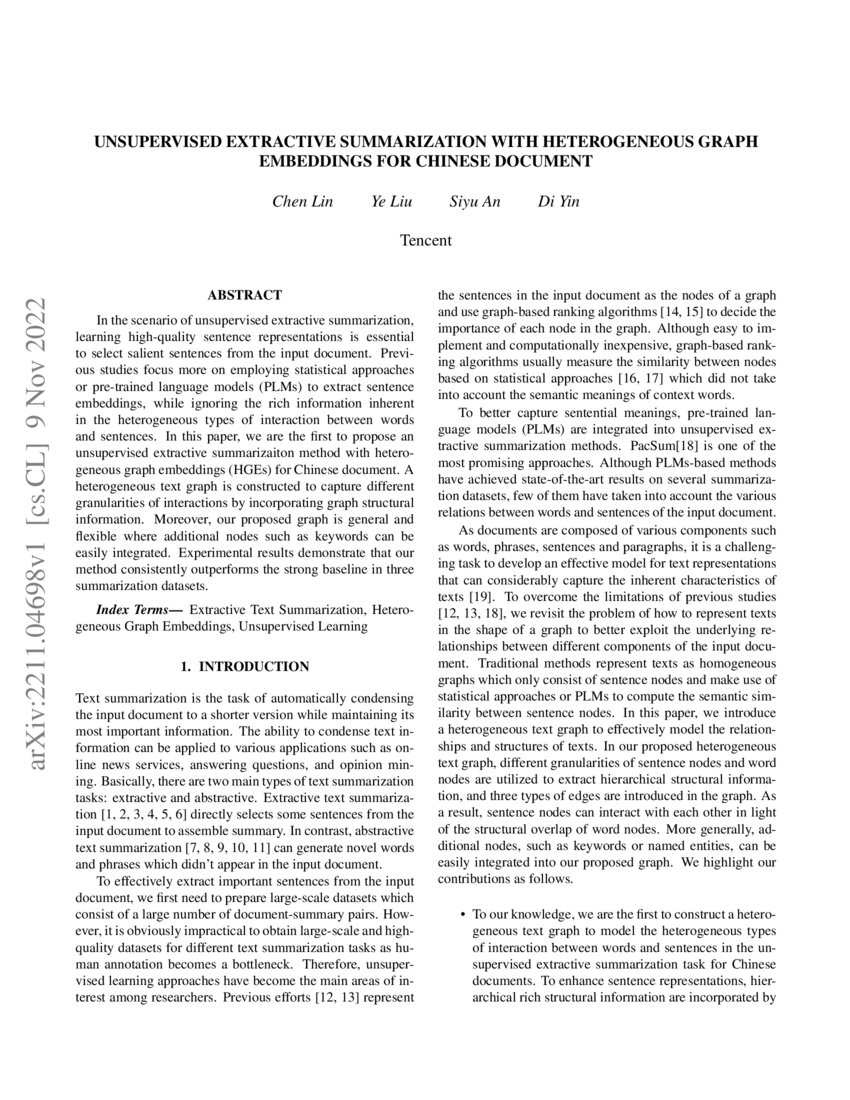 Unsupervised Extractive Summarization With Heterogeneous Graph Embeddings For Chinese Document