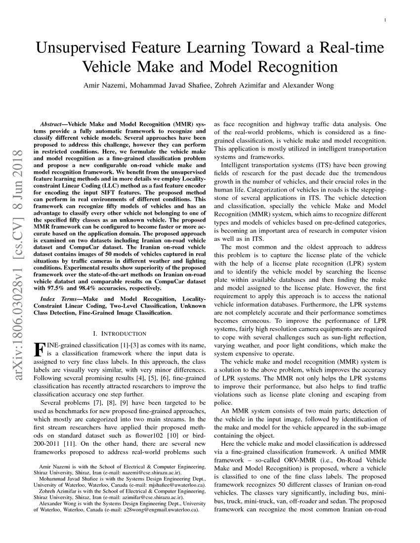 Unsupervised Feature Learning Toward A Real Time Vehicle Make And Model Recognition Deepai