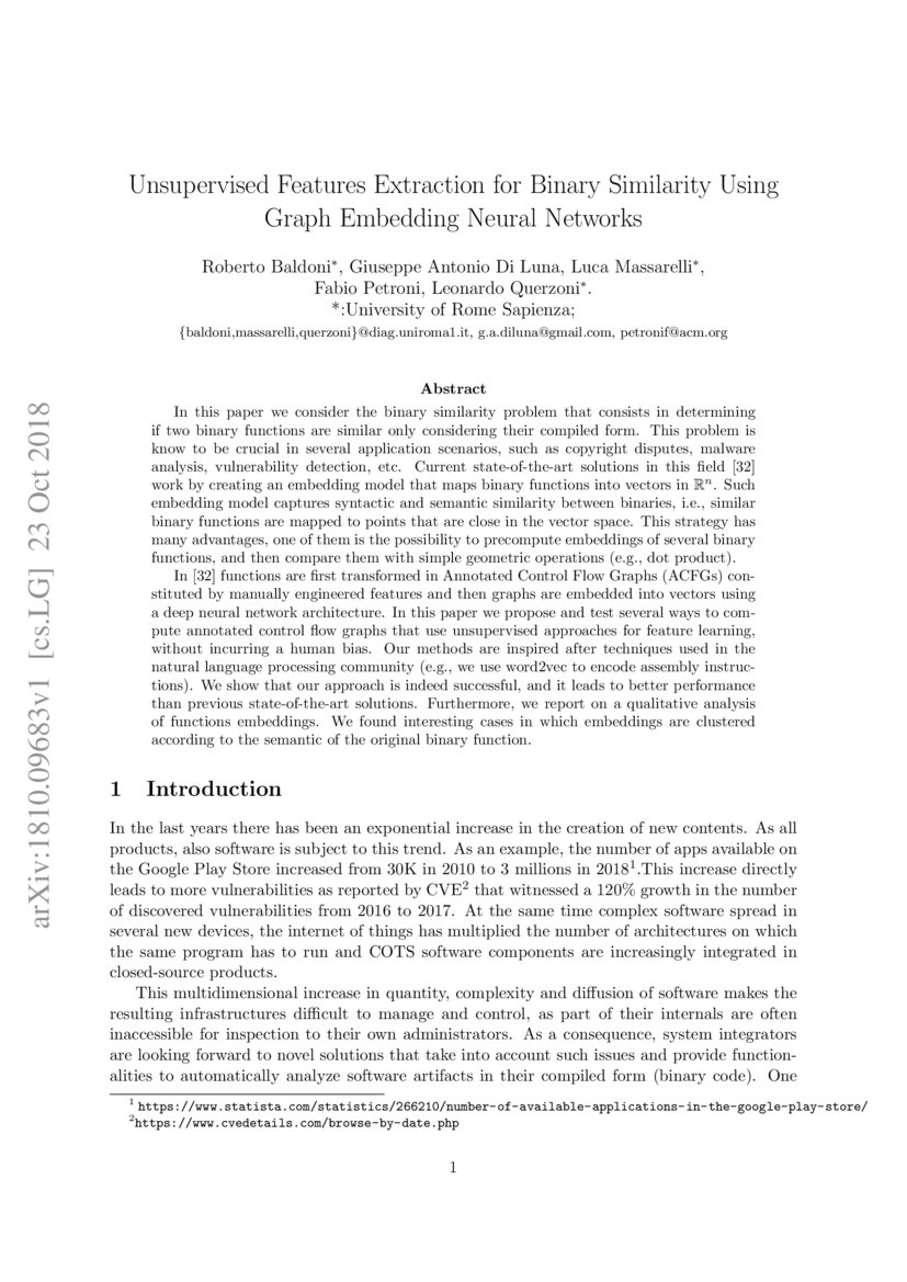 Unsupervised Features Extraction For Binary Similarity Using Graph Embedding Neural Networks