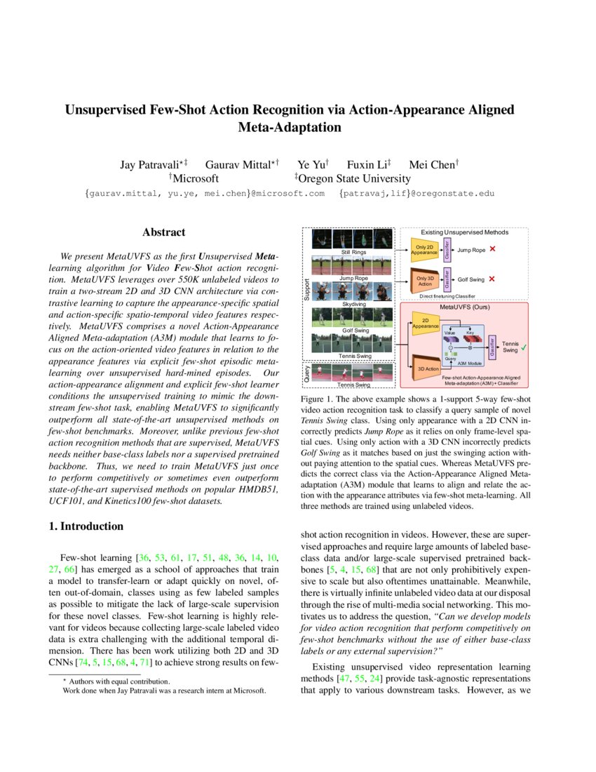 Unsupervised Few-Shot Action Recognition via Action-Appearance Aligned Meta-Adaptation | DeepAI