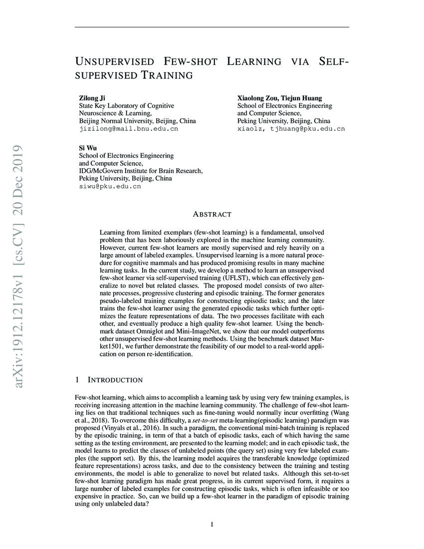 Unsupervised Few-shot Learning via Self-supervised Training | DeepAI