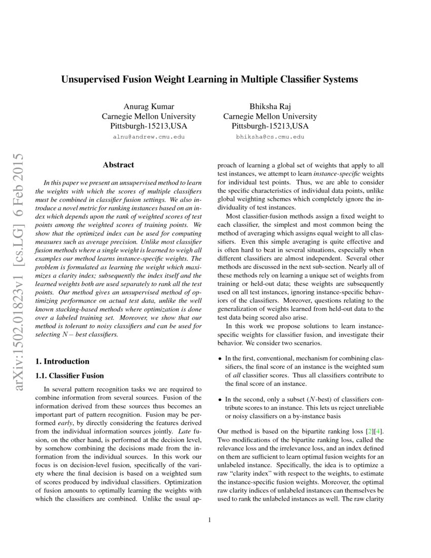 Unsupervised Fusion Weight Learning in Multiple Classifier Systems | DeepAI