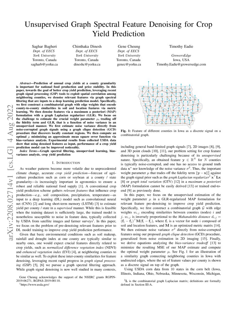 Unsupervised Graph Spectral Feature Denoising for Crop Yield Prediction ...