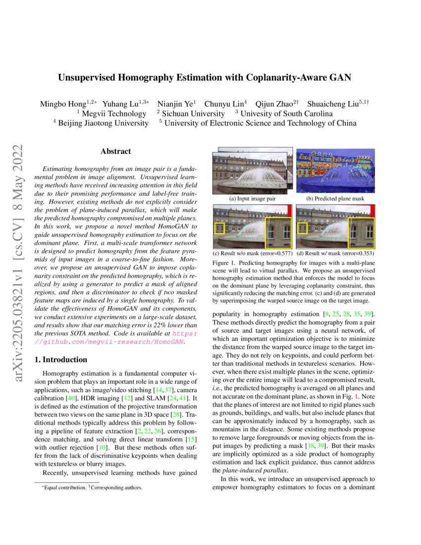 Unsupervised Homography Estimation with Coplanarity-Aware GAN | DeepAI