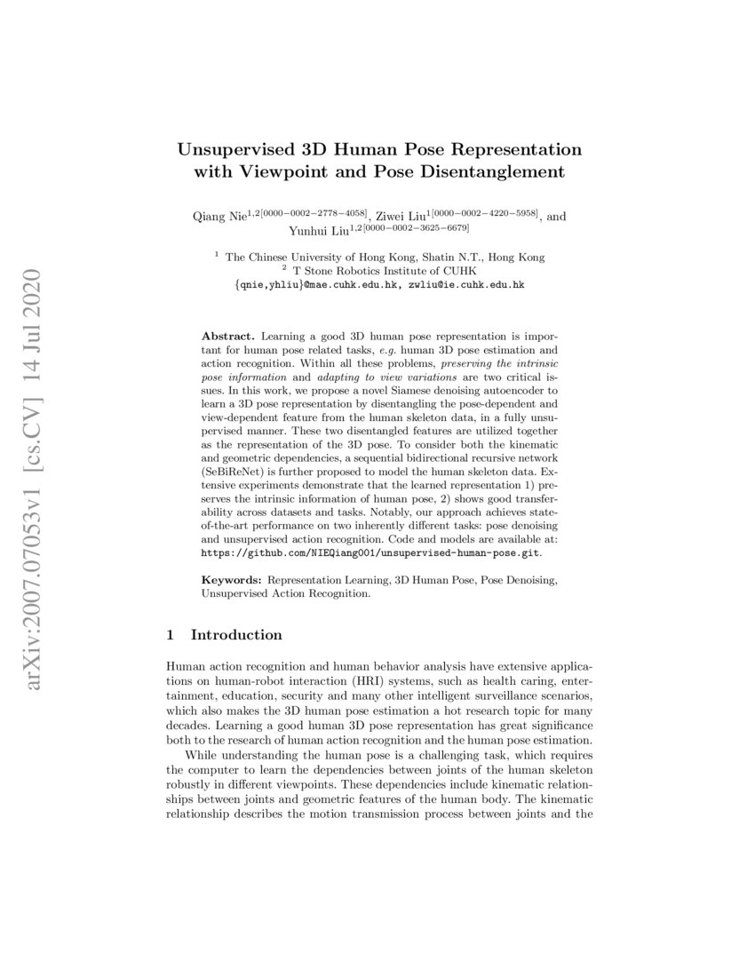 Unsupervised Human 3d Pose Representation With Viewpoint And Pose Disentanglement Deepai