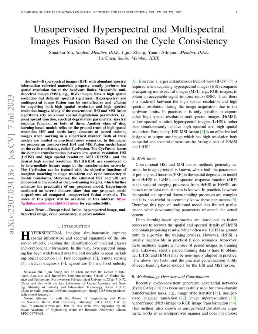 Unsupervised Hyperspectral And Multispectral Images Fusion Based On The Cycle Consistency Deepai