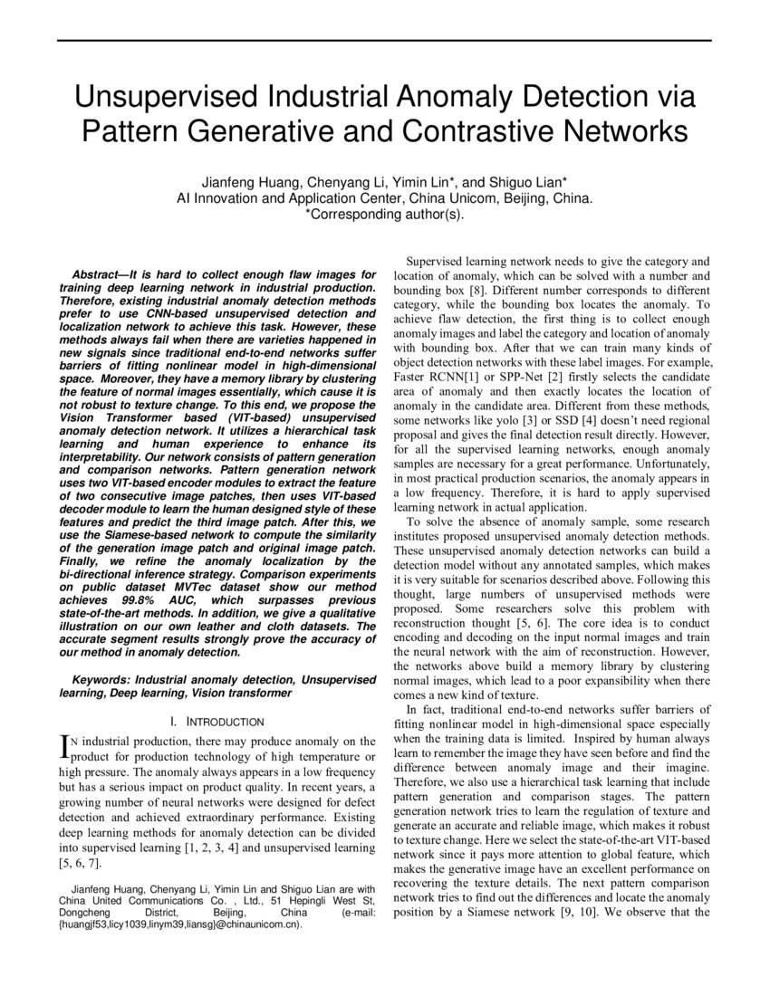 Unsupervised Industrial Anomaly Detection Via Pattern Generative And Contrastive Networks Deepai