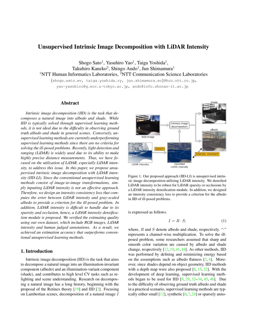Unsupervised Intrinsic Image Decomposition with LiDAR Intensity | DeepAI