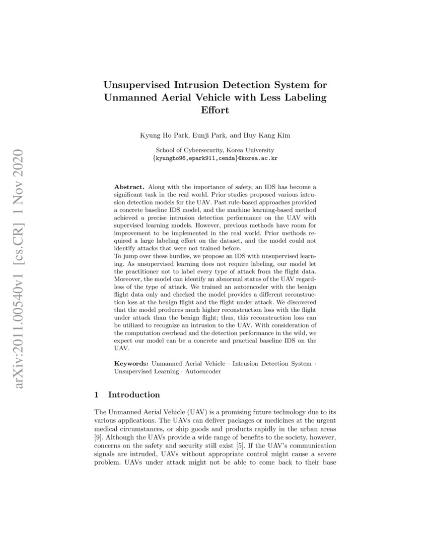 Unsupervised Intrusion Detection System for Unmanned Aerial Vehicle with Less Labeling Effort ...