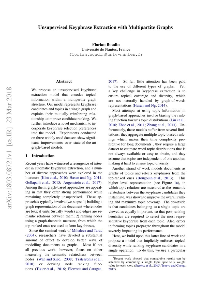 Unsupervised Keyphrase Extraction with Multipartite Graphs | DeepAI Unsupervised Keyphrase Extraction with Multipartite Graphs | DeepAI