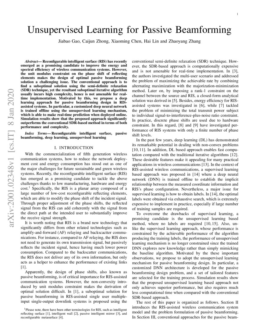 Unsupervised Learning for Passive Beamforming | DeepAI