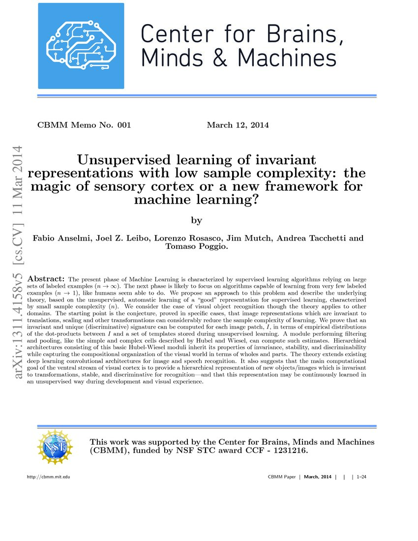 Unsupervised Learning Of Invariant Representations In Hierarchical