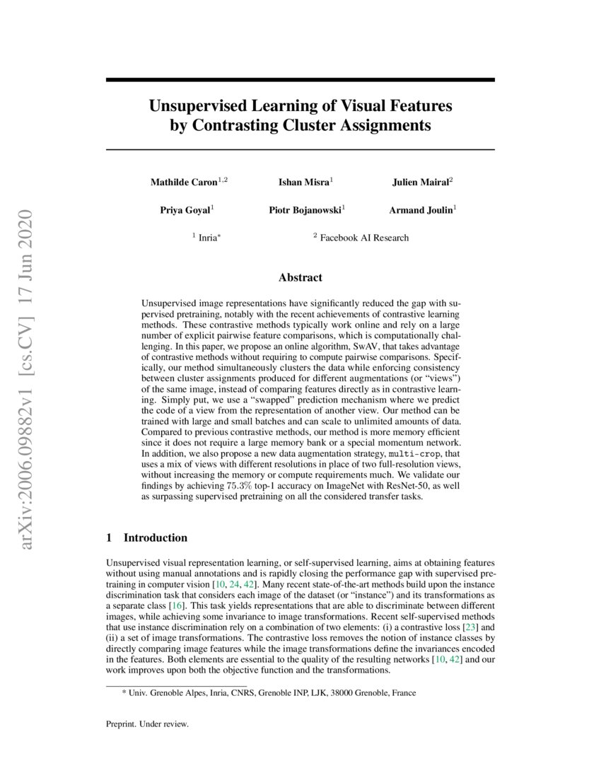 Unsupervised Learning of Visual Features by Contrasting Cluster Assignments | DeepAI