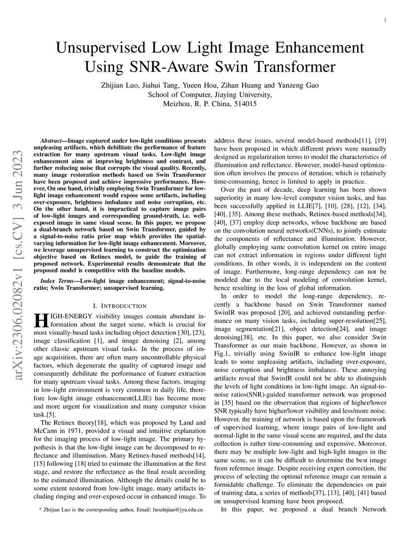 Unsupervised Low Light Image Enhancement Using SNR-Aware Swin Transformer | DeepAI