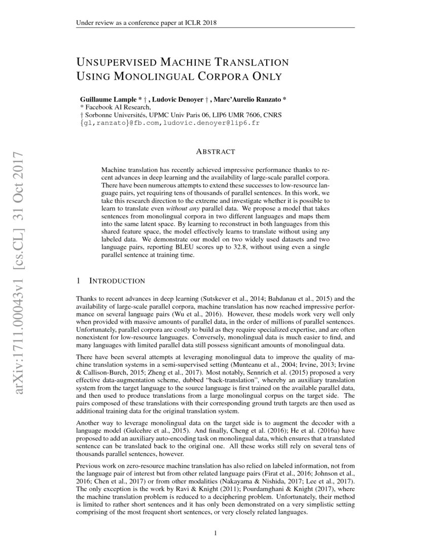Unsupervised Machine Translation Using Monolingual Corpora Only | DeepAI Unsupervised Machine Translation Using Monolingual Corpora Only | DeepAI
