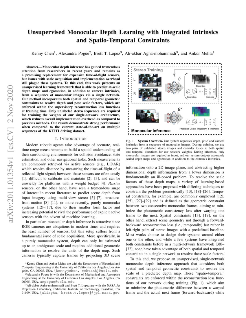 Unsupervised Monocular Depth Learning with Integrated Intrinsics and Spatio-Temporal Constraints ...