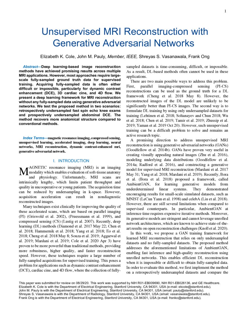 Unsupervised MRI Reconstruction with Generative Adversarial Networks ... Unsupervised MRI Reconstruction with Generative Adversarial Networks ...