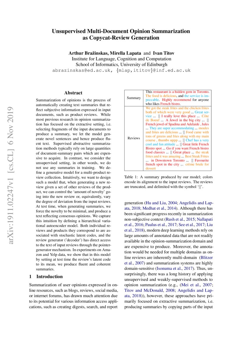 Unsupervised Multi-Document Opinion Summarization as Copycat-Review ... Unsupervised Multi-Document Opinion Summarization as Copycat-Review ...