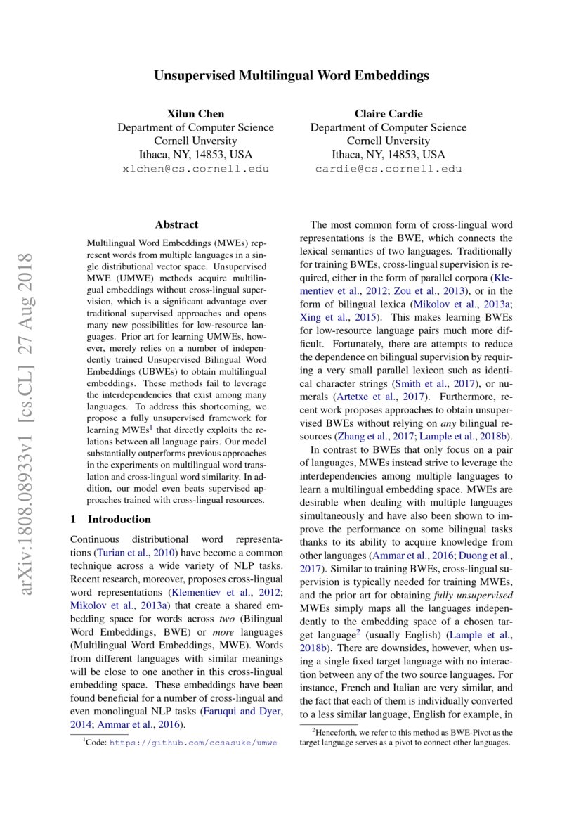 Unsupervised Multilingual Word Embeddings Deepai