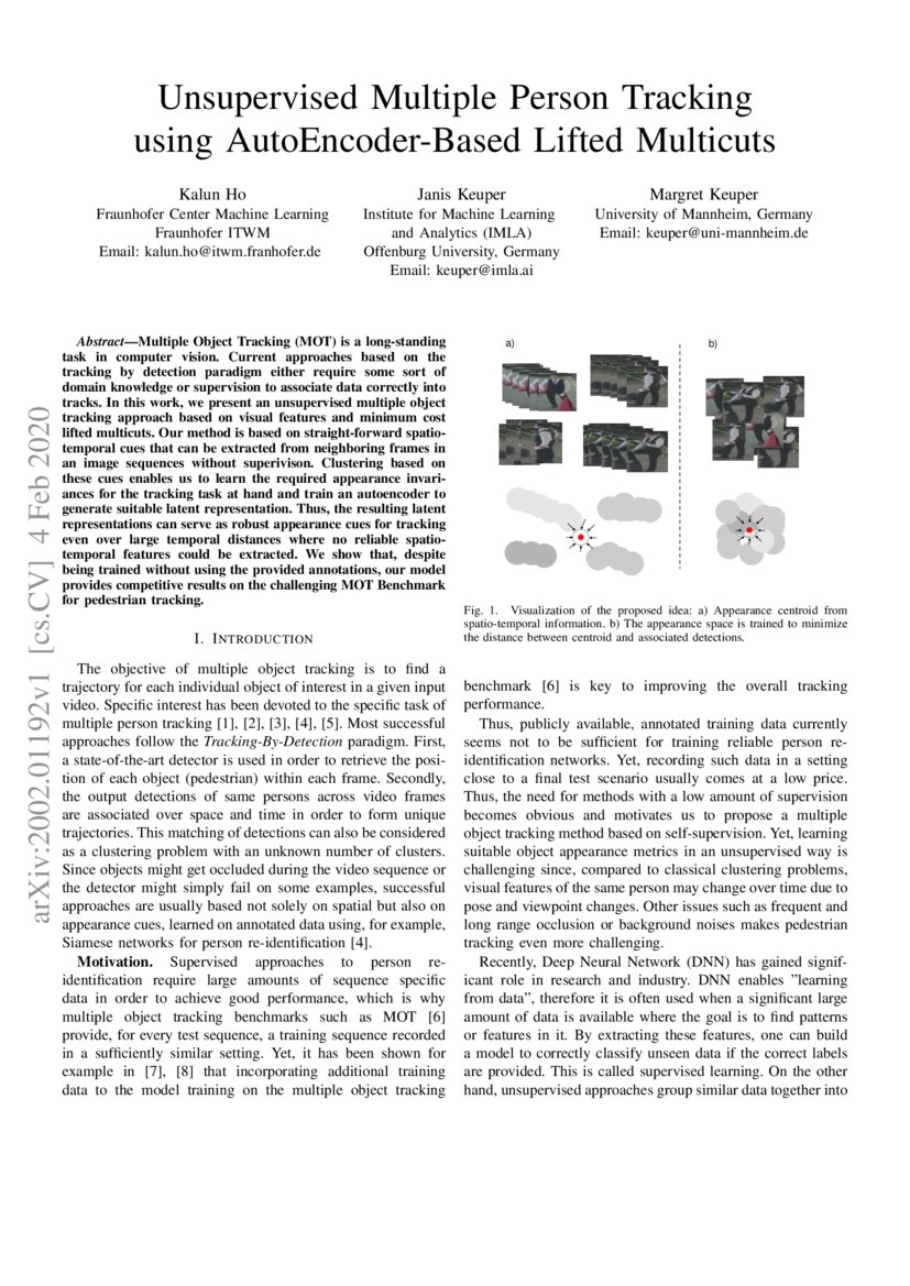Unsupervised Multiple Person Tracking Using Autoencoder Based Lifted