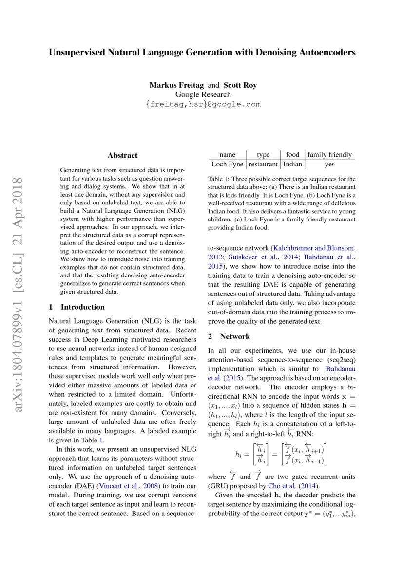 Unsupervised Natural Language Generation with Denoising Autoencoders | DeepAI