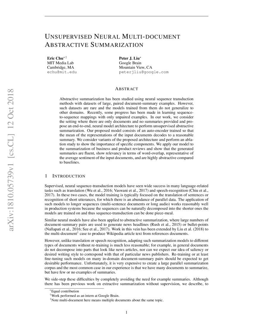 Unsupervised Neural Multi Document Abstractive Summarization Deepai