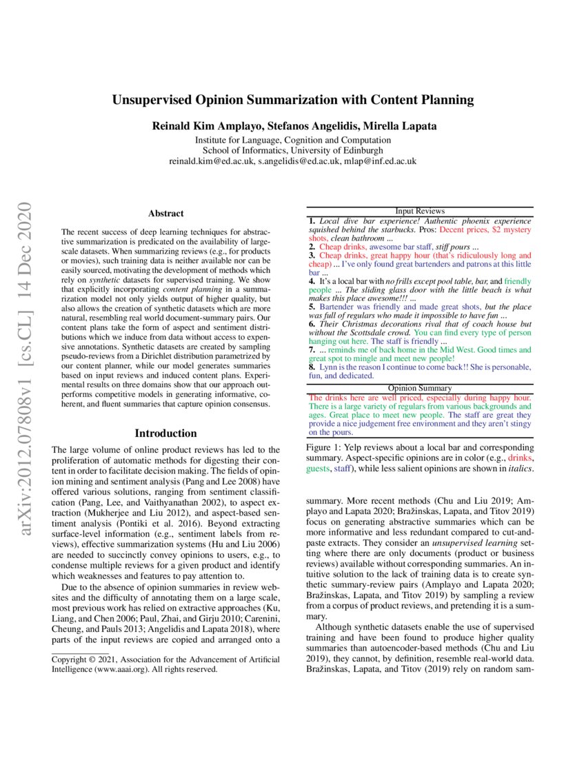 Unsupervised Opinion Summarization with Content Planning | DeepAI