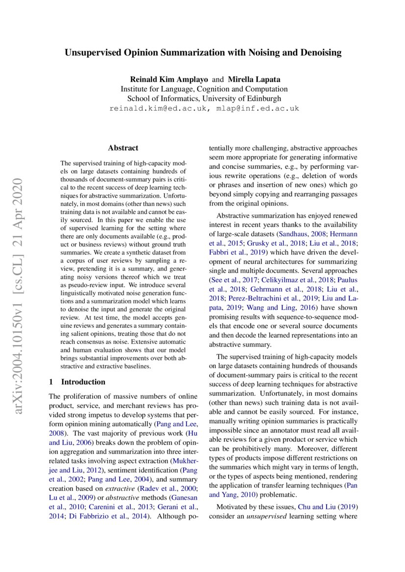 Unsupervised Opinion Summarization with Noising and Denoising | DeepAI
