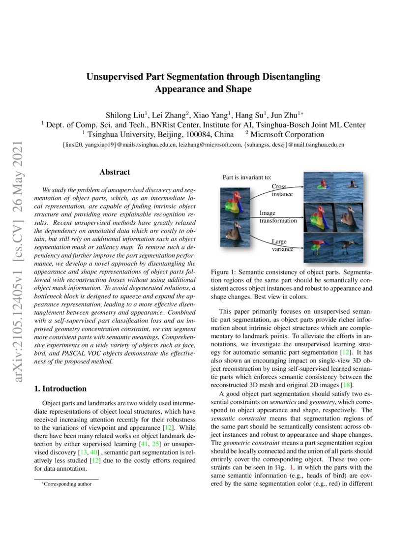 Unsupervised Part Segmentation through Disentangling Appearance and Shape | DeepAI