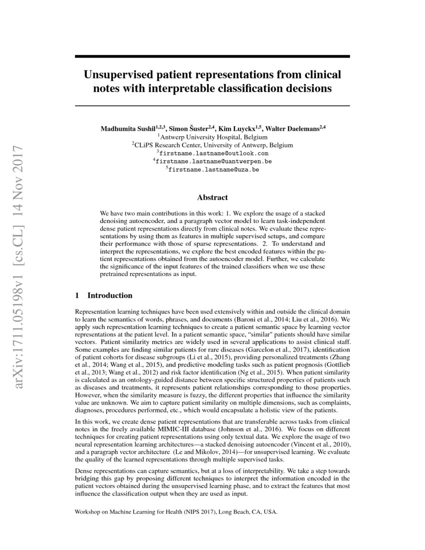 Unsupervised Patient Representations From Clinical Notes With Interpretable Classification