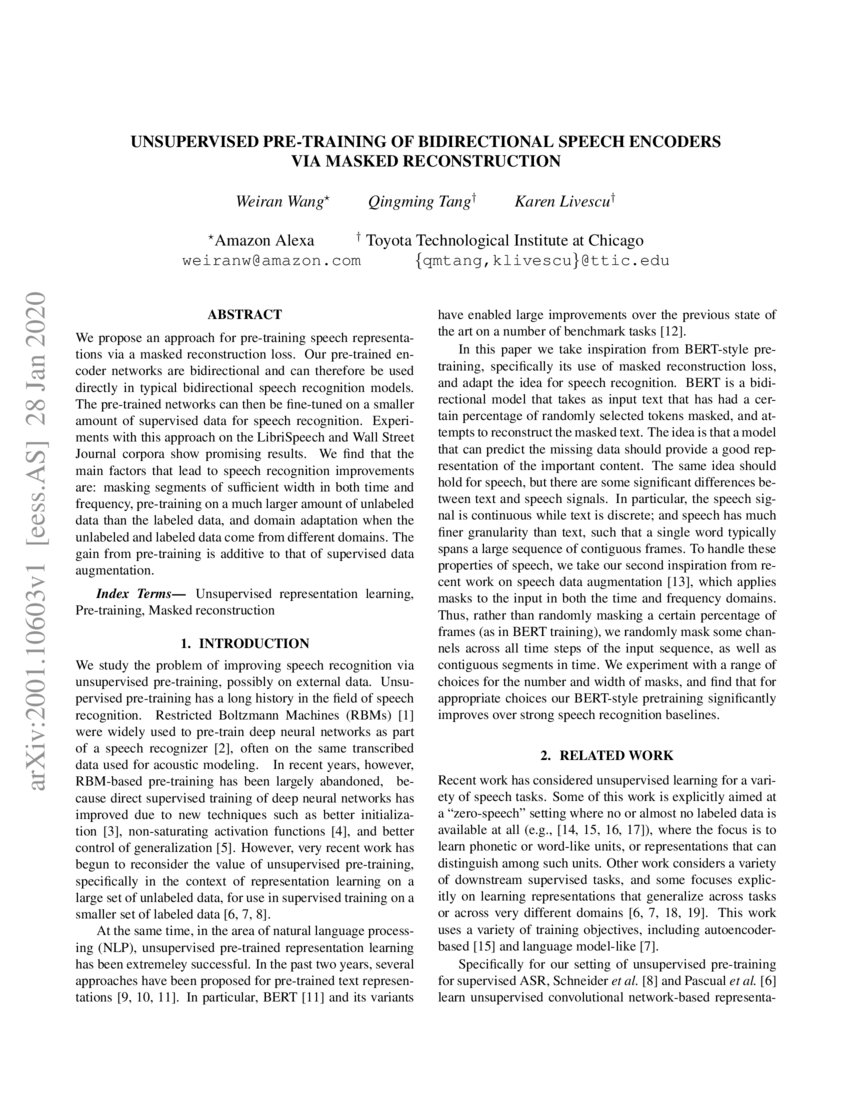 Unsupervised Pre-training of Bidirectional Speech Encoders via Masked ...