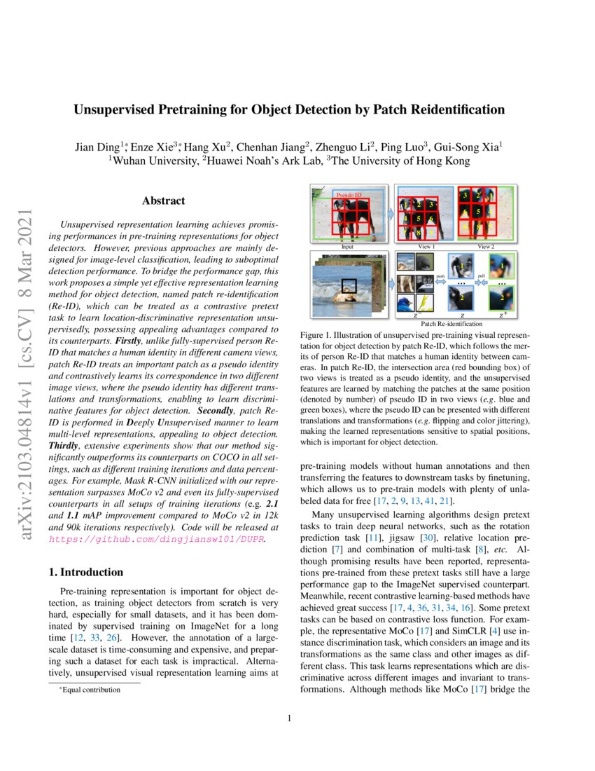 Unsupervised Pretraining For Object Detection By Patch Reidentification