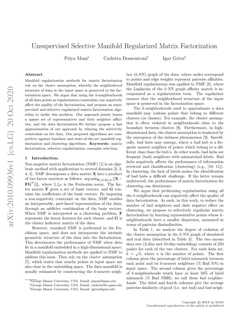 Unsupervised Selective Manifold Regularized Matrix Factorization Deepai