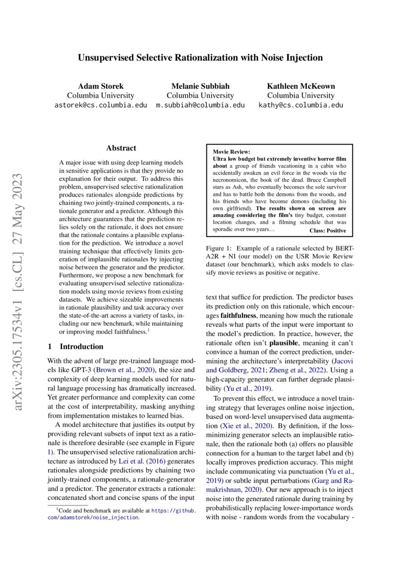 Unsupervised Selective Rationalization with Noise Injection | DeepAI