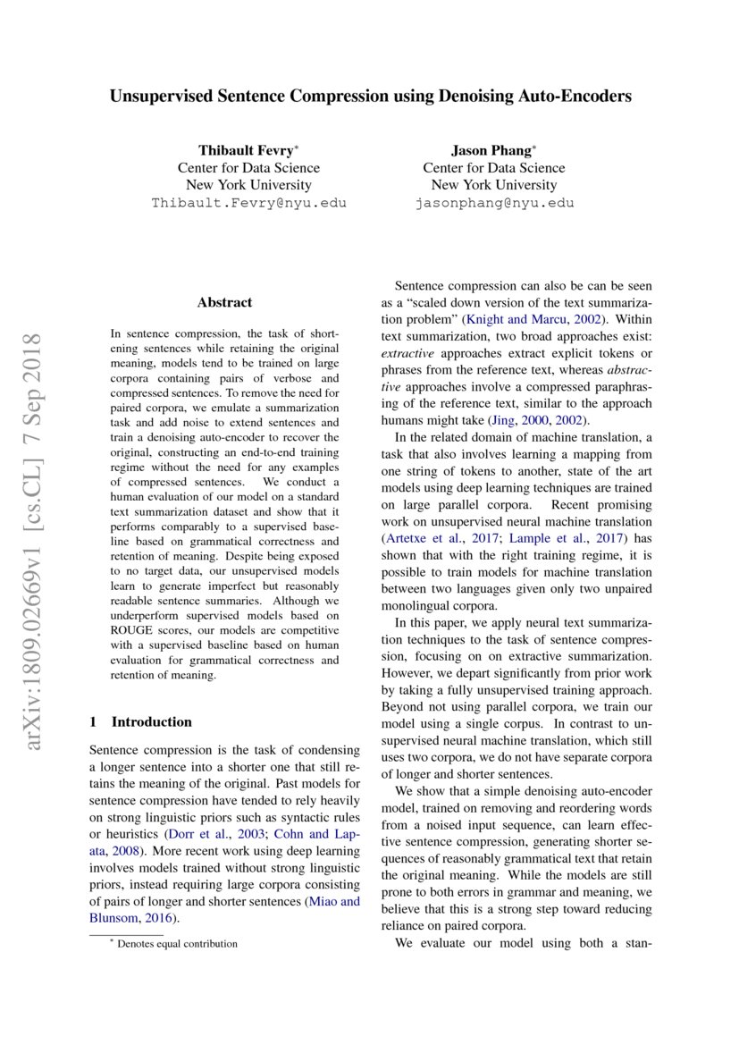 Unsupervised Sentence Compression using Denoising Auto-Encoders | DeepAI
