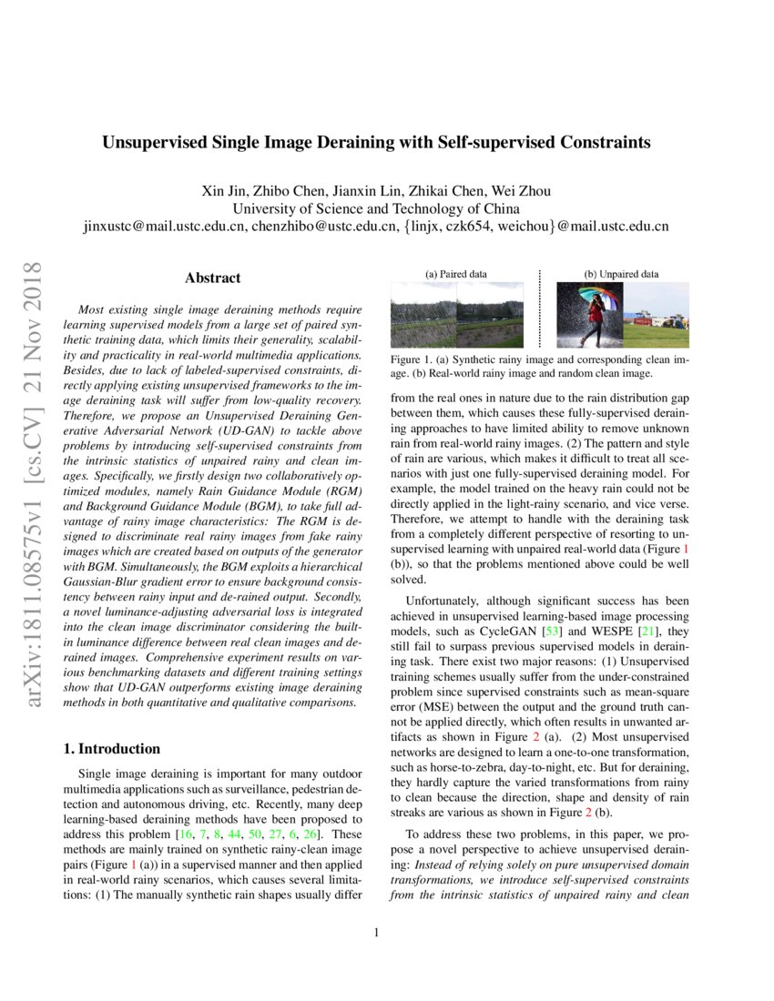 Unsupervised Single Image Deraining with Self-supervised Constraints | DeepAI