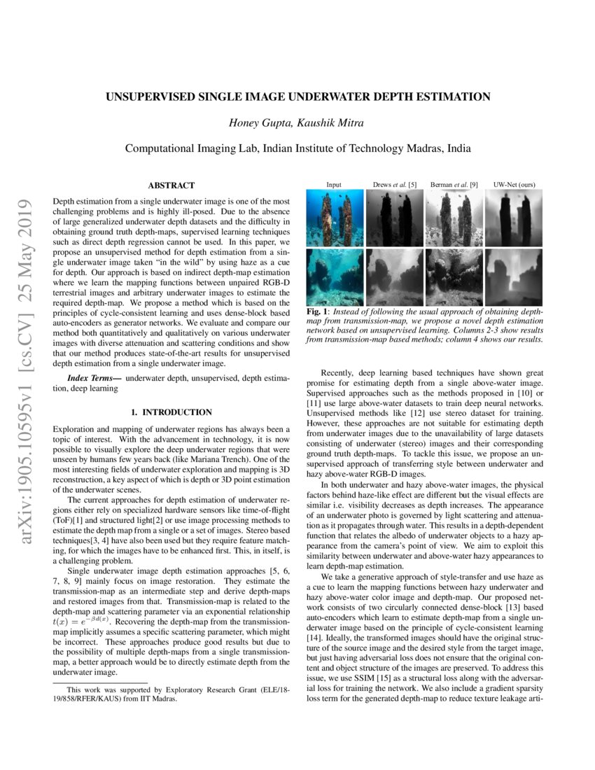 Unsupervised Single Image Underwater Depth Estimation Deepai