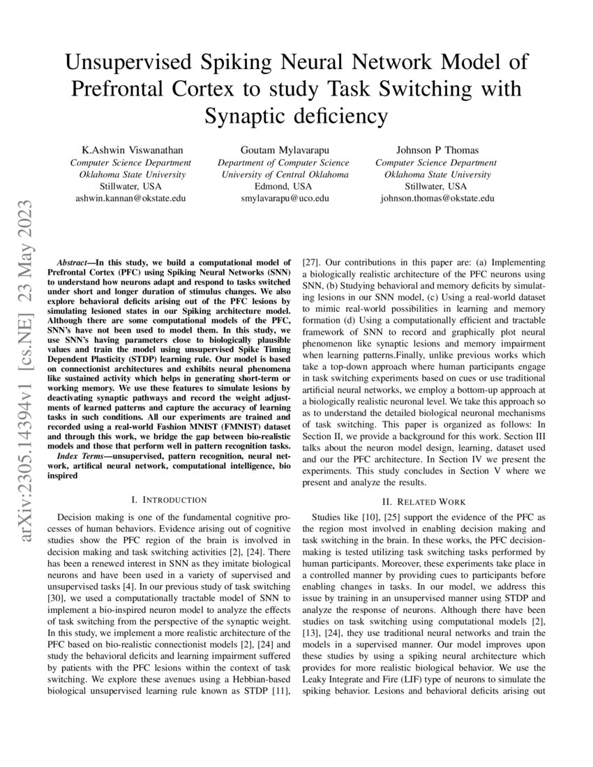 Unsupervised Spiking Neural Network Model of Prefrontal Cortex to study ... Unsupervised Spiking Neural Network Model of Prefrontal Cortex to study ...