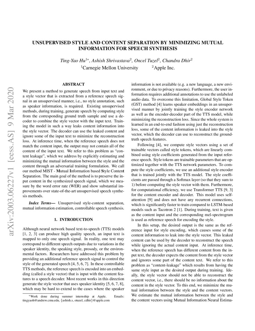 Unsupervised Style and Content Separation by Minimizing Mutual Information for Speech Synthesis ...