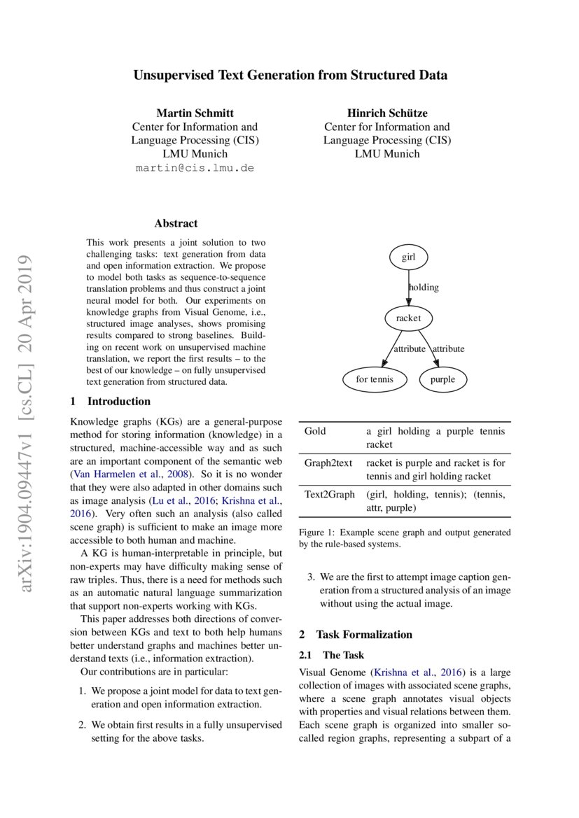 Unsupervised Text Generation From Structured Data Deepai 
