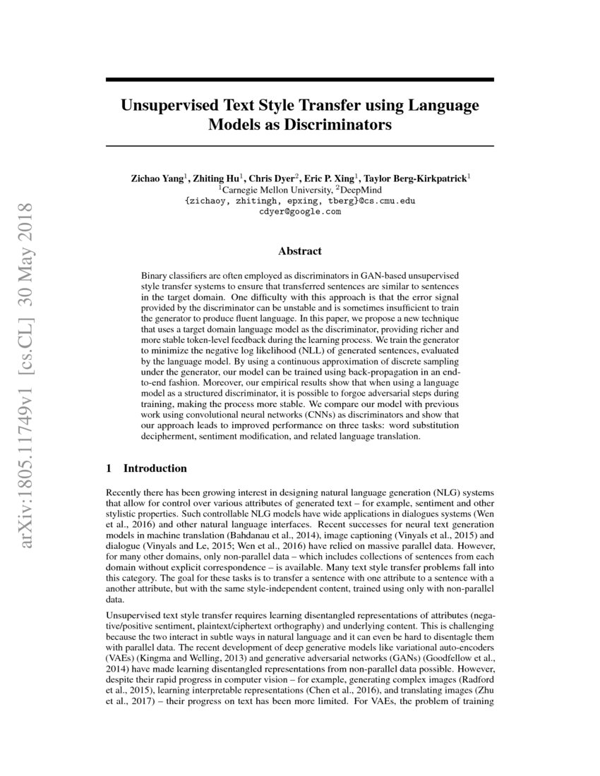Unsupervised Text Style Transfer using Language Models as Discriminators | DeepAI