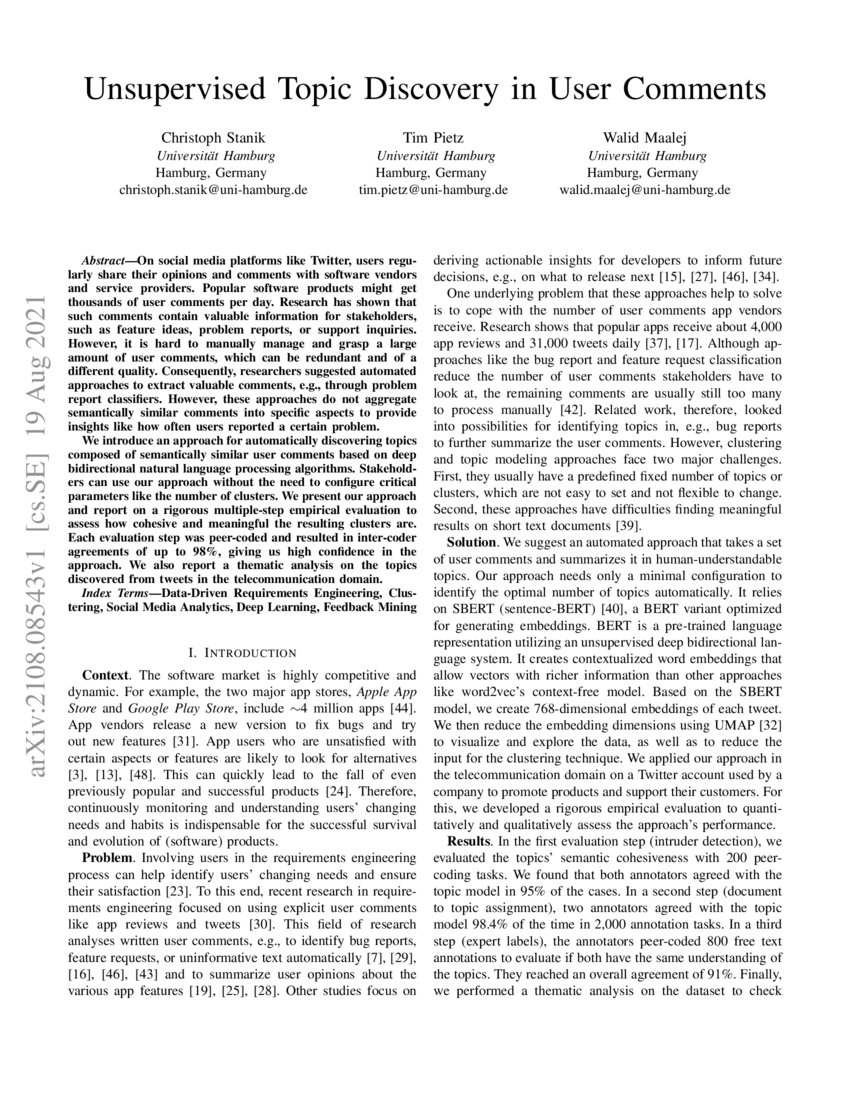 Unsupervised Topic Discovery In User Comments Deepai