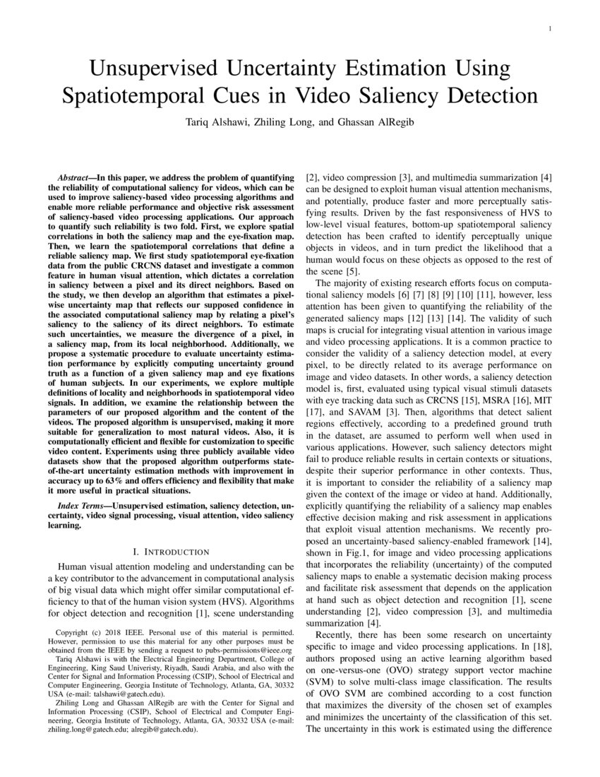 Unsupervised uncertainty estimation using spatiotemporal cues in video ... Unsupervised uncertainty estimation using spatiotemporal cues in video ...