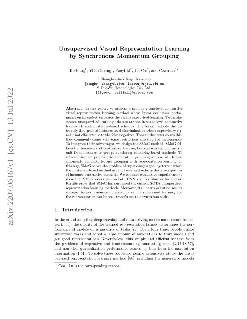 Unsupervised Visual Representation Learning by Synchronous Momentum Grouping | DeepAI