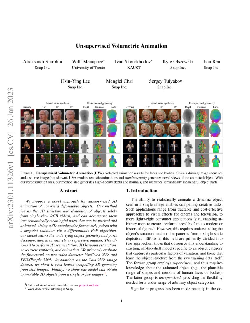 Unsupervised Volumetric Animation | DeepAI