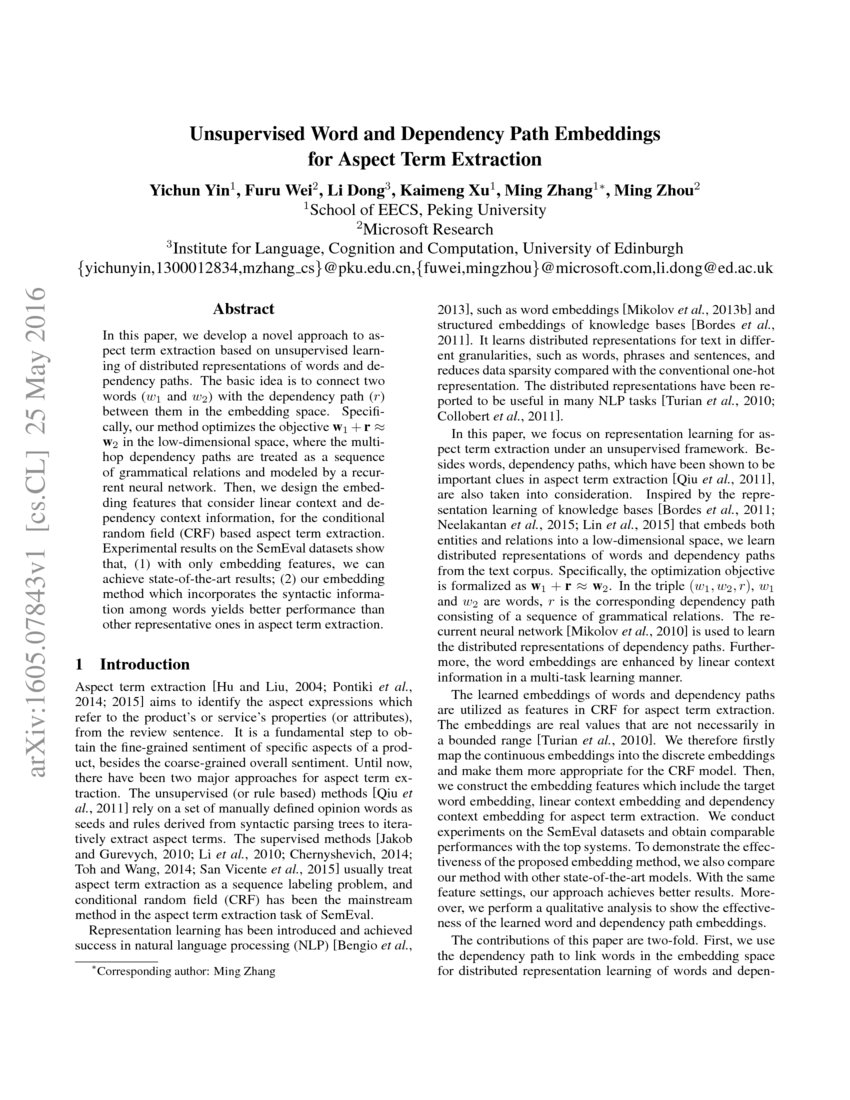 Unsupervised Word And Dependency Path Embeddings For Aspect Term Extraction Deepai