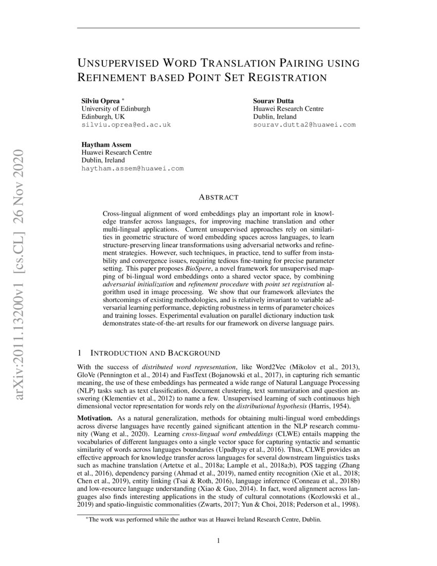 Unsupervised Word Translation Pairing Using Refinement Based Point Set